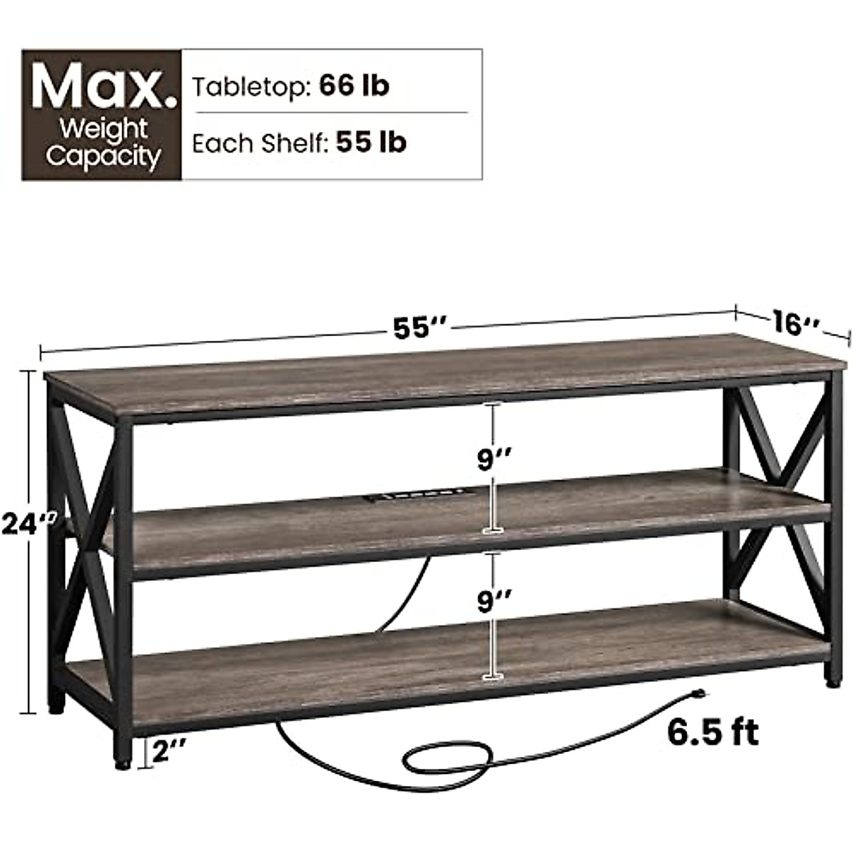 Yaheetech Industrial TV Stand with 3-Tier Storage Shelves, 55" TV Cabinet with Power Outlets for Living Room, Media Entertainment Center TV Console with Charging Station, Metal Frame, Taupe Wood