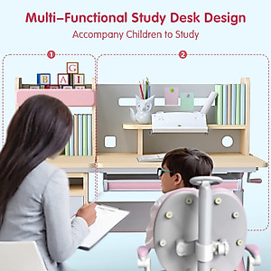 FCD Wood Adjustable Height Kids Study Desk Drafting Table Computer Station Built-in Bookshelf Hutch Multi Function (Pink)