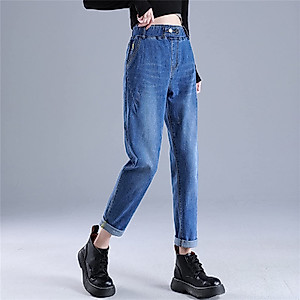 Maiyifu-GJ Women's Elastic Waist Cropped Jeans Casual Pull-on Baggy Denim Joggers Pants High Waist Boyfriend Slim Fit Jean (Blue,26)