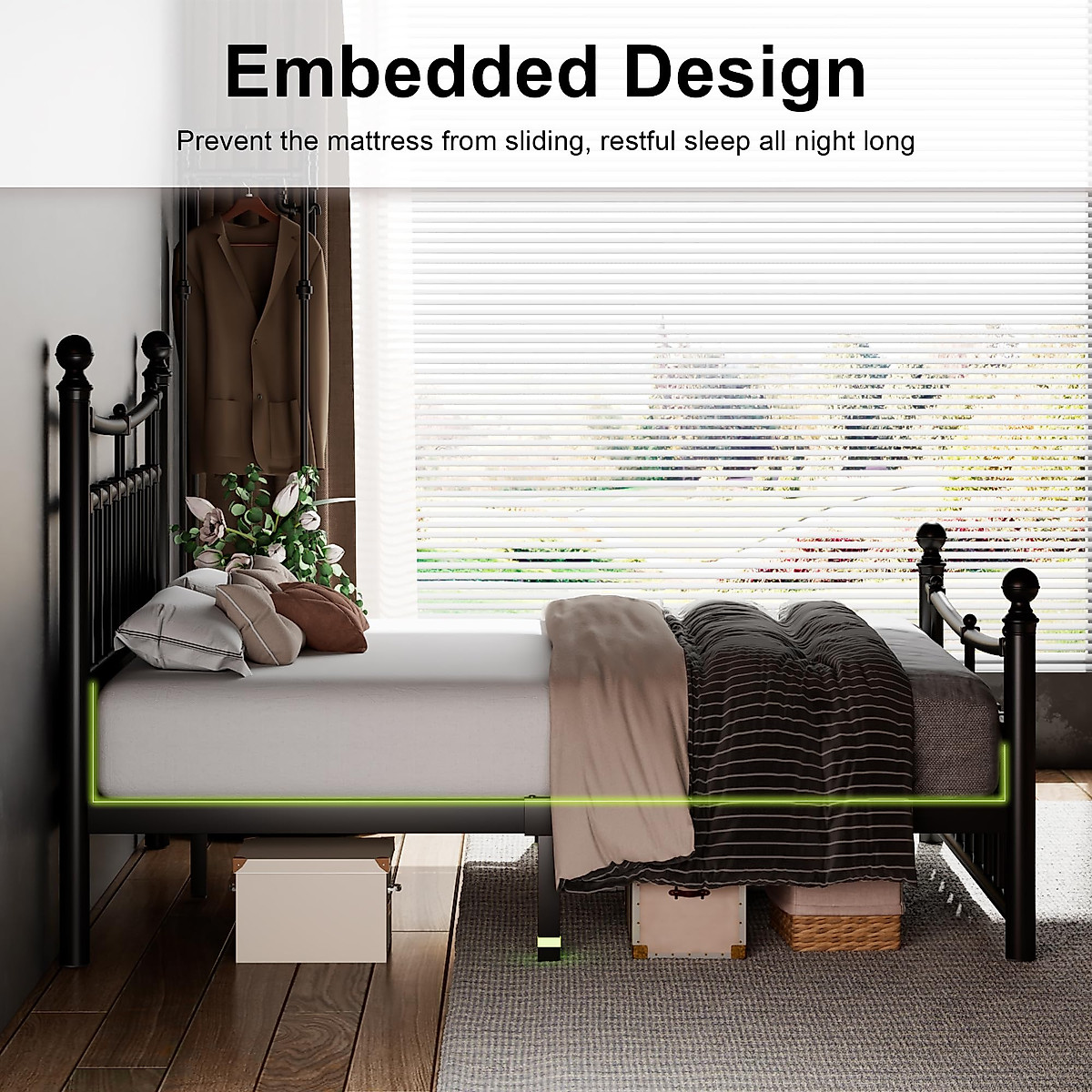 Feonase Queen Size Metal Bed Frame with Modern Iron-Art Headboard & Footboard, Platform Bed Frame with 12" Storage Space, Hardened Steel Slats, No Box Spring Needed, Black