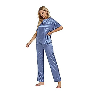 LYANER Women's Satin Silk Pajama Set Short Sleeve T-shirt with Pants Set PJ Loungewear Dark Blue X-Small