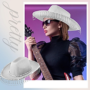 ramede Rhinestone Cowgirl Hat Women Disco Cowboy Outfit Bling Diamond Fringe Cowgirl Hat Western Cowgirl Costume(Silver)