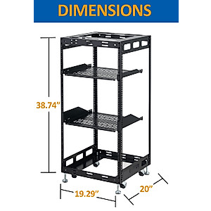 Tedgetal 20U Open Frame Rack for Servers & AV Gear - Wall Mountable Design Includes 2X Vented Shelves, 4X Leveling Feet, 4X Casters