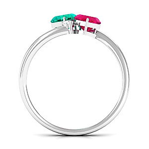 Natural Ruby Emerald Ring, Toi Et Moi Heart Promise Ring, Certified 2 Stone Pre Engagement Ring For Women, 14K White Gold, Size:US 8.00