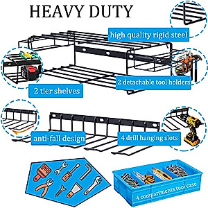 UNIKOO Power Tool Organizer, Garage Storage Rack with Tool Box, Heavy Duty Metal Drill Holder, Black Wall Mount Floating Shelf for Warehouse(4.33" D x 14.96" W x 7.87" H)