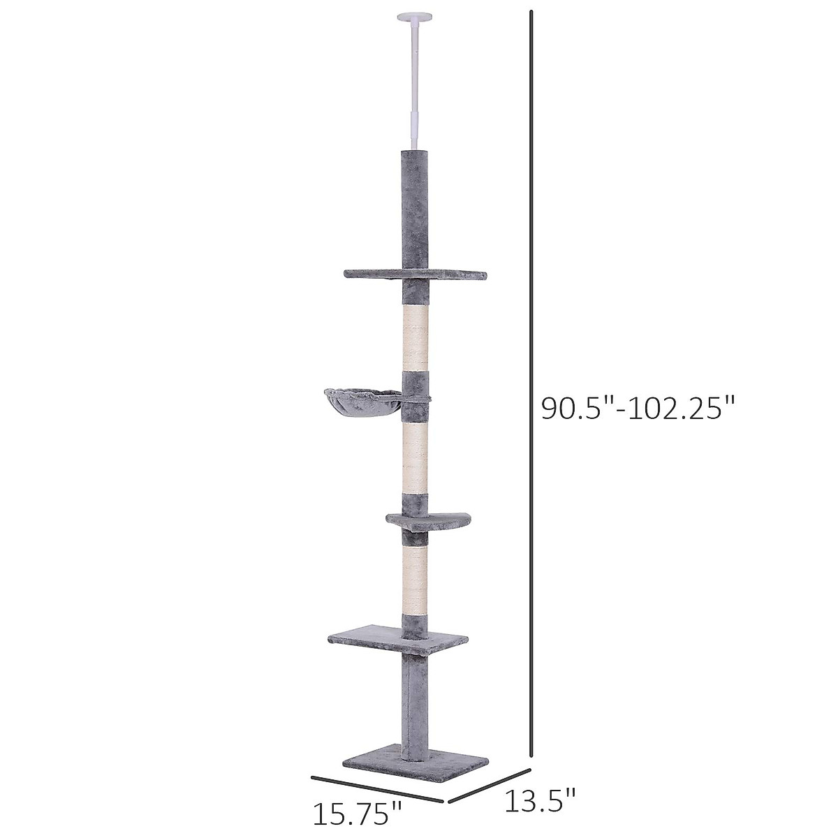 PawHut 8.5' Adjustable Height Floor-to-Ceiling Vertical Cat Tree, Gray and White