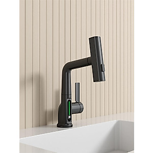Weirun Bathroom Single Handle Basin Sink Pull Out Faucet with Rainfall Spray Head Temperature Digital Display Vanity Mixer Tap Matte Black