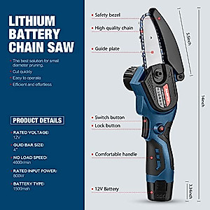 ALATIN Mini Chainsaw Cordless 4Inch ,electric Handheld Chainsaw with 2Pcs Chargeable Batteries,powered by a 12V 1500mah battery, used for wood cutting, tree trimming, gardening(2 chains)