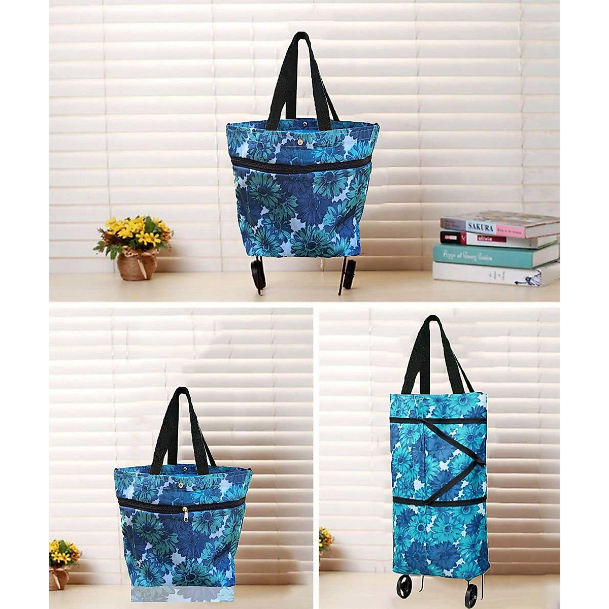 Cowinbest Collapsible Trolley Bags Folding Shopping Bag with Wheels Foldable Shopping Cart Reusable Shopping Bags Grocery Bags Shopping Trolley Bag on Wheels(Blue) Large