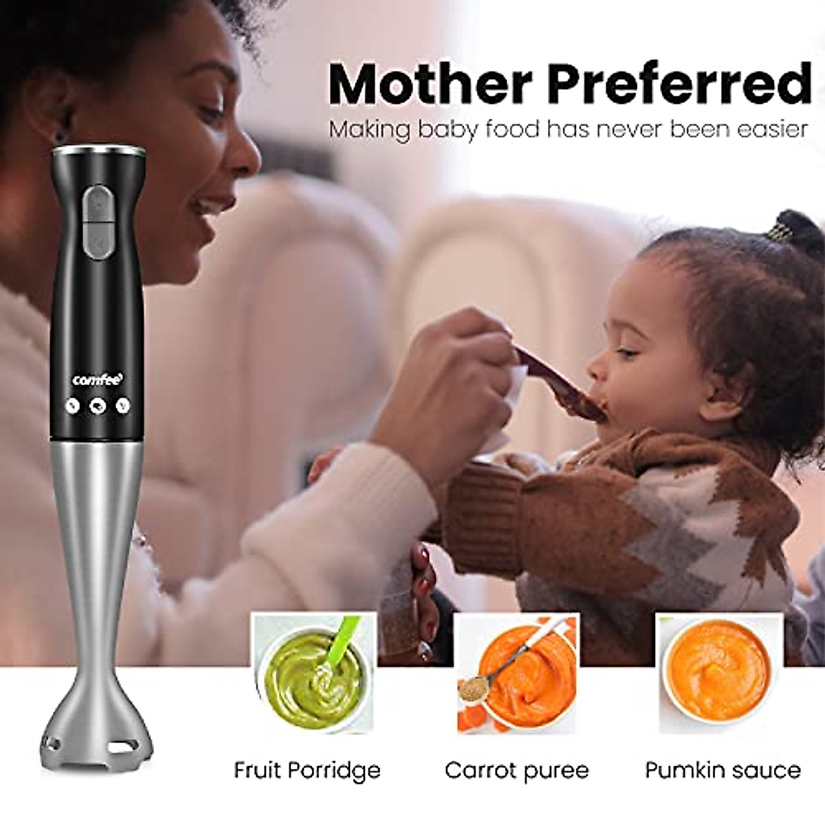 COMFEE' Immersion Hand Blender, Brushed Stainless Steel, 2-Speed, Multipurpose Stick Blender with 200 Watts, 600ml Mixing Beaker and Whisk, Perfect for Baby Food, Smoothies, Sauces and Soups, Black