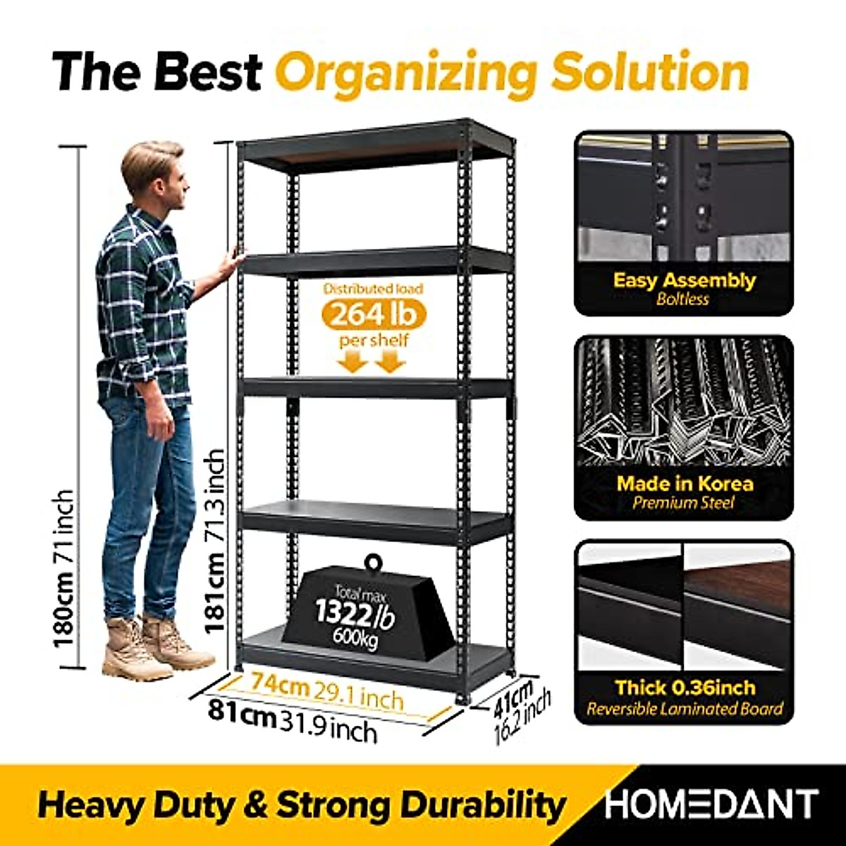 HOMEDANT 5 Tier Laminated Metal Shelving Unit Adjustable Garage Storage Utility Rack Heavy Duty Shelves Organization Multipurpose Shelf Warehouse Basement Shed Pantry 31.9" W x 16.2" D x 71.3" H 1Pack