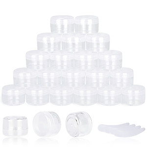 50PCS 5 Gram Sample Containers, 5ml Empty Jars with Lids, Small Cosmetic Containers, Mini Sample Jars with 4PCS Mini Spatulas for Make Up, Oils, Lotion, Powder, Paint, Jewelry, Lip Balms(Clear Lid)