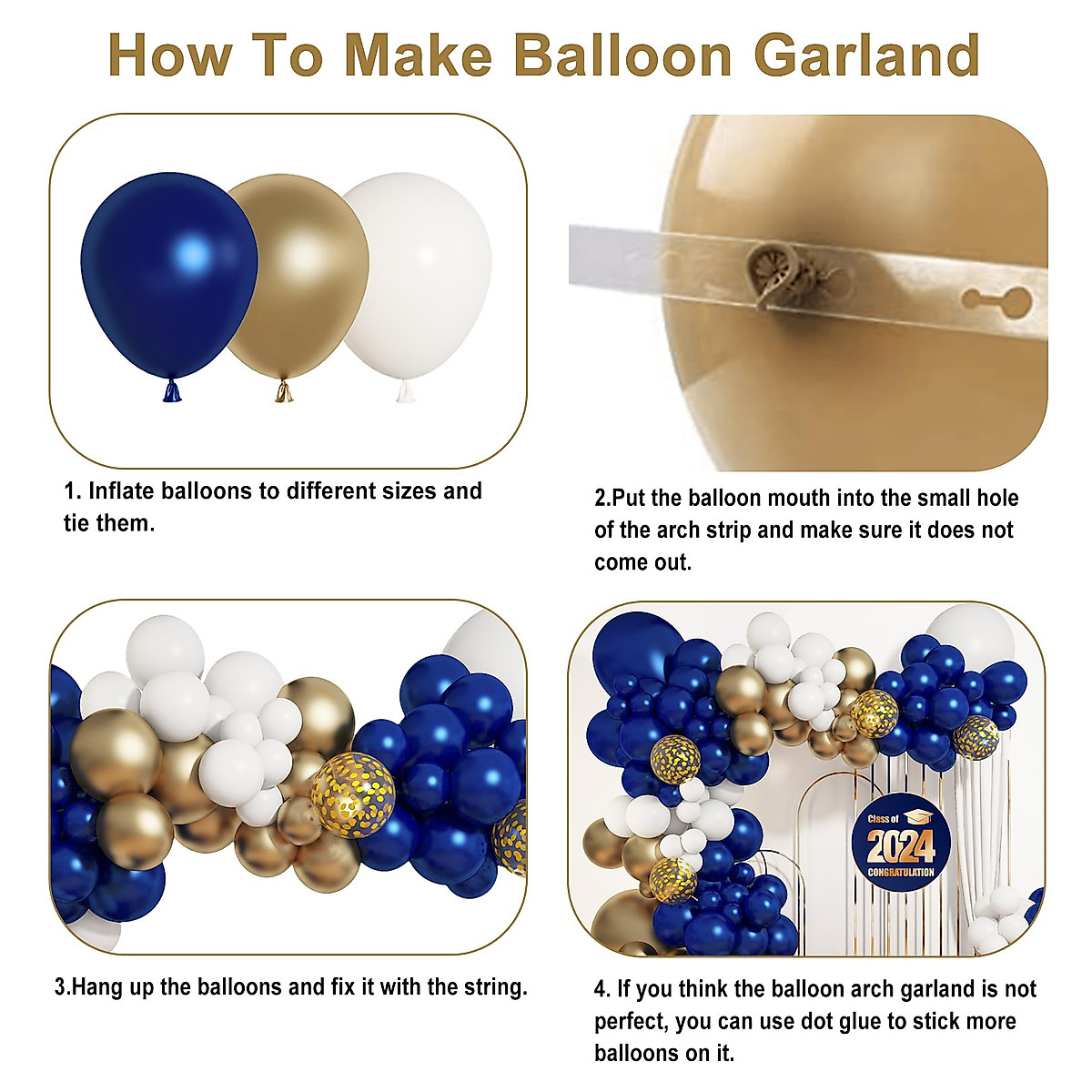 145Pcs Royal Blue and Gold Balloons, Graduation Decorations Class of 2024 Navy Blue Balloon Garland Kit Gold White Confetti Foil Crown for College Baby Shower Birthday Gender Reveal Wedding Party