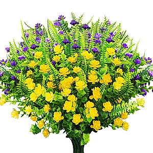 GREENRAIN 6 Bundles Artificial Flowers Outdoor Fake Plants UV Resistant Faux Plastic Flowers Garden Window Box Porch Home Decor Yellow + Purple