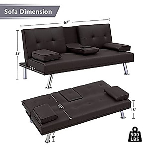 DKLGG Modern Futon Sofa Bed, Faux Leather Upholstered Sofa Couch, Convertible Sleeper Sofa with Removable Armrests 2 Cup Holders Couch Sofa Sleeper for Small Space, Home, Living Room, Apartment