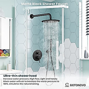 gotonovo Shower System,Bathroom Shower Faucet with 10 Inch Round Shower Head Wall Mount,Luxury Shower Combo Set with Cylindrical Handheld,Shower Trim Kit Rough-in Valve Included,Matte Black