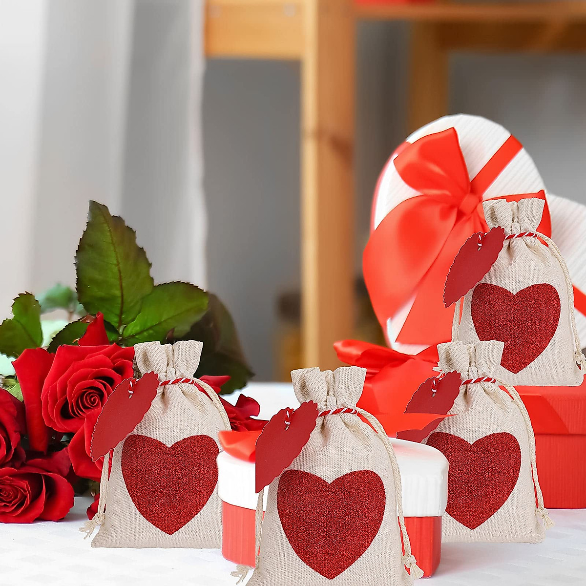 Whaline 20 Pack Valentine's Day Burlap Gift Bag Glitter Red Heart Drawstring Bag with Tag and Cotton Rope Rustic Linen Pouches Sacks for Valentines Party Favors Wedding Bridal Shower Supplies