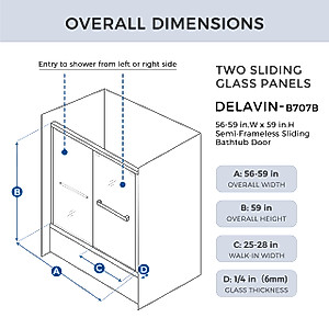 DELAVIN 56-60 in. Frameless Shower Door, Bathroom Sliding Shower Door, 5/16" (8mm) Clear Tempered Glass, SGCC Tempered Glass Door with Explosion-Proof Film