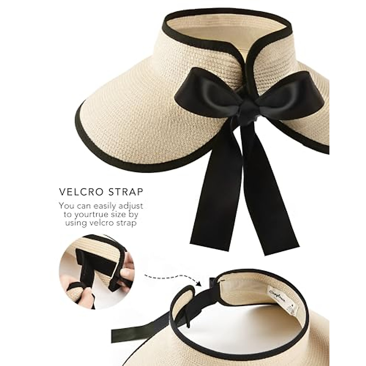 Camptrace Sun Visors for Women Wide Brim Beach Hat UPF 50+ Foldable Straw Visor Hat Ponytail Summer Packable Beige