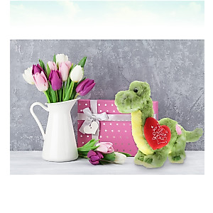 DolliBu I Love You Valentine Green Dinosaur Plush - Cute Dinosaur Stuffed Animal with Red Heart and Name Personalization Gift for Valentines Day, Birthday, Anniversary, Romantic Date - 10 Inches