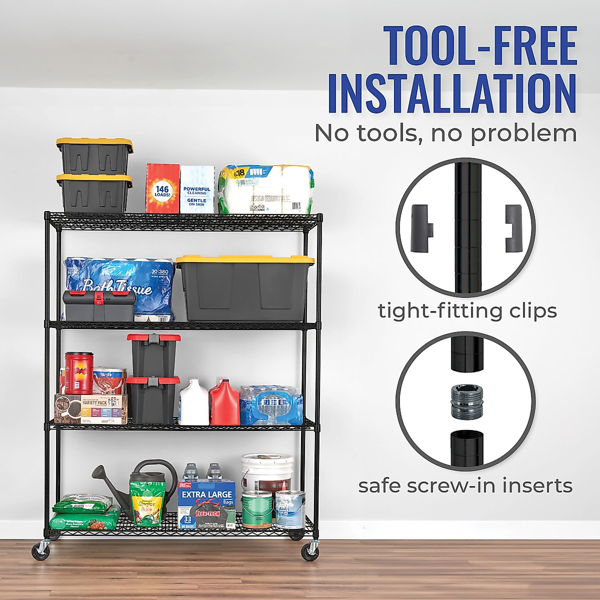 SafeRacks - NSF Certified Storage Shelves, Zinc, Heavy Duty Steel Wire Unit with Wheels and Adjustable Feet, Garage or Bakers Rack, Kitchen, Pantry Shelf - (24"x60"x72" 4-Tier) (Black)
