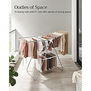 SONGMICS Clothes Drying Rack, with Sock Clips, Metal Laundry Rack, Foldable, Space-Saving, Free-Standing Airer, with Height-Adjustable Gullwings, Indoor Outdoor Use, Silver and White ULLR052W01