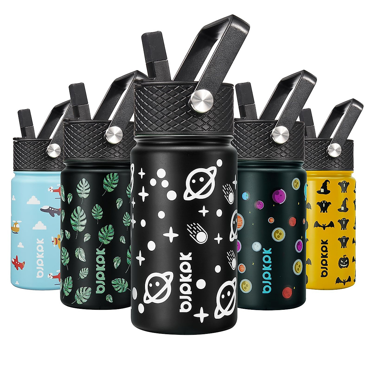 BJPKPK Kids Water Bottle with Straw Lid, 15oz Stainless Steel Water Bottles, Insulated Water Bottle for School, Reusable Leak Proof BPA Free Flask, Space Traveller