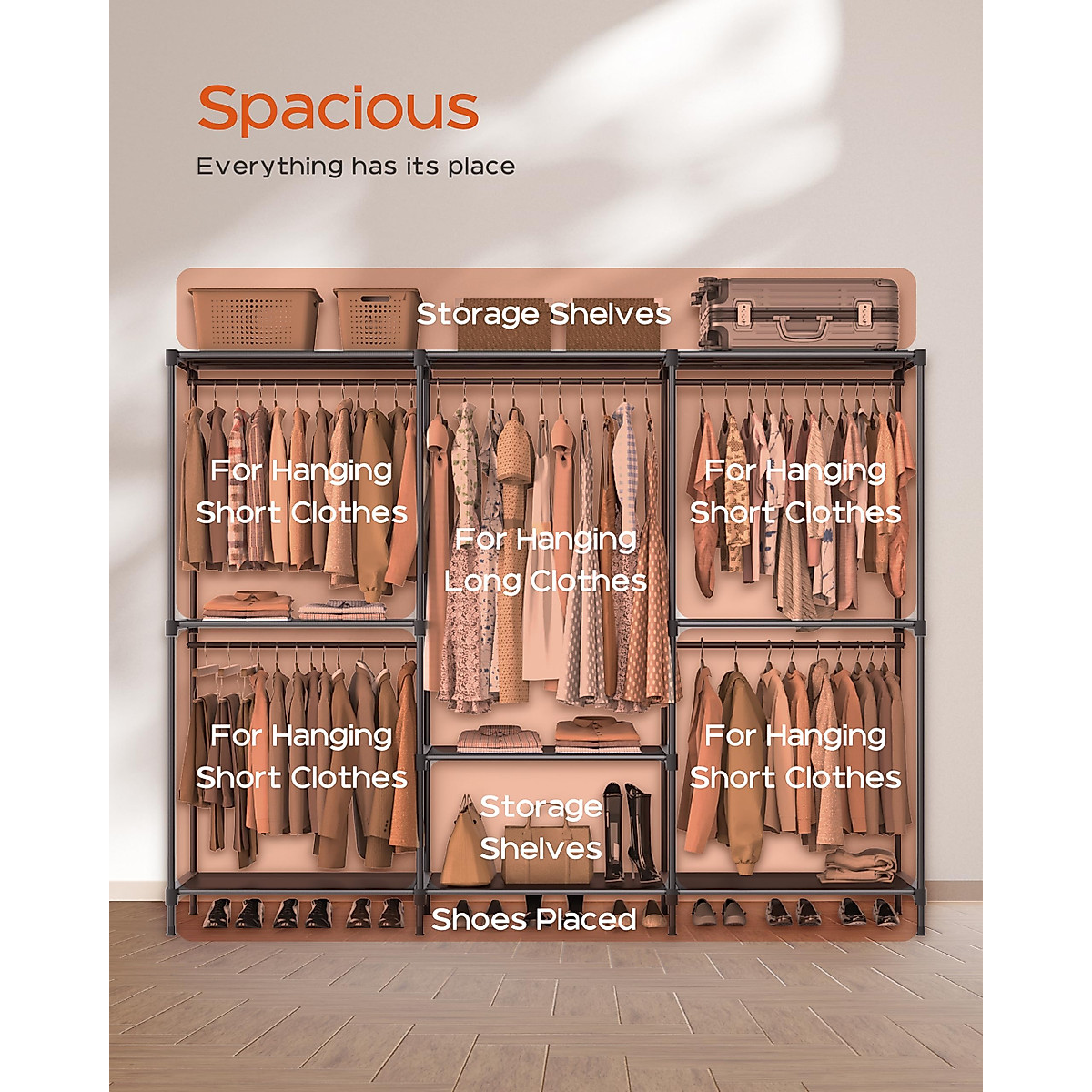 CASAMAYA Clothes Rack, Portable Closet, 80.7 Inch Extra Large Capacity Wardrobe Closet, Clothes Storage Organizer with Shelves and 5 Hanging Rods, Easy to Assembly, Black PCT036B01