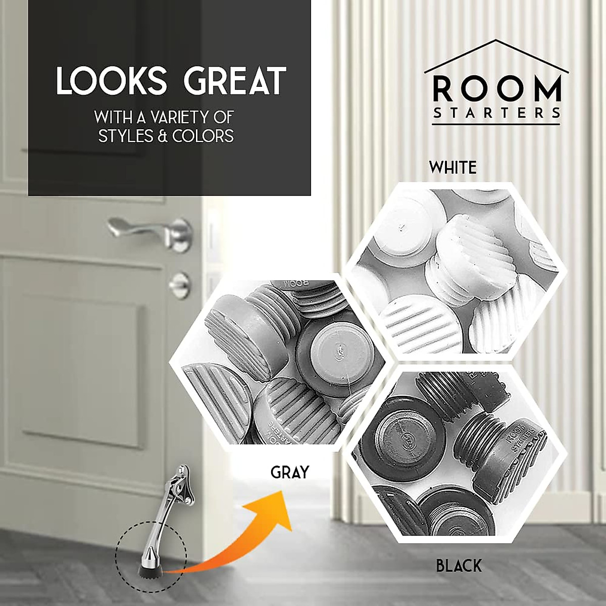 Kick Down Door Stop Ultra Grip Rubber Replacement Tip 10 Pack Threaded by ROOM STARTERS Style 2 (Gray, 10 Pack)