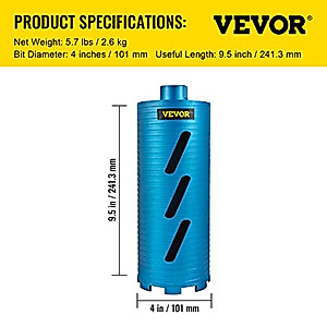 VEVOR Core Drill Bit, 4" /101.6 mm Diameter 5/8"-11 Shank Arbor with a Pilot Bit & 4.5" Blade, 9.5" /241.3mm Depth Diamond Dry Coring Bore Tool, Masonry Hole Saw Bits for Hard Concrete Brick and Block