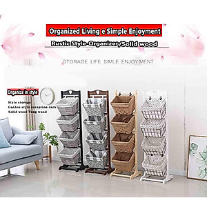 3-Tier Floor Stand with Water Hyacinth Storage Baskets,with Market Basket Storage Bins-Vertical Standing Rack for Living Room,Laundry, Bedroom, Bathroom,Office Organization(Three layers, White+Gray)