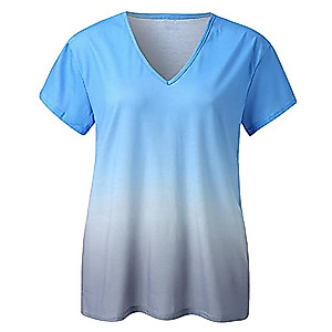 wodceeke Women's Sexy V-neck T-shirt Tie Dye Short Sleeve Basic Tee Casual Loose Summer Blouse Tops (Blue, XL)