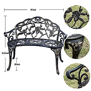 U/D Outdoor Bench Park Garden Bench ，All Chair Anti Rust Cast Aluminum Patio Yard Bench ，Carved Rose Loveseat Bench for Backyard. Porch, Balcony, Lawn. (Without Cushion, Copper)