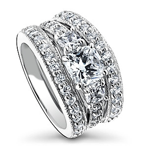 BERRICLE Sterling Silver 3-Stone Wedding Engagement Rings Cushion Cut Cubic Zirconia CZ Ring Set for Women, Rhodium Plated Size 8.5