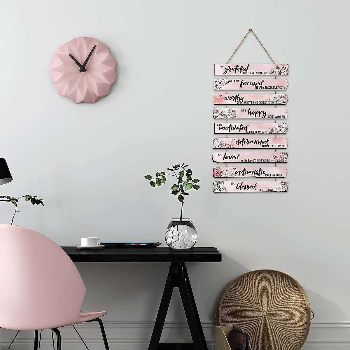 Yookeer Set of 9 Pcs Inspirational Pink Floral Wall Decors Wooden Hanging Positive Word Quotes Signs Blessed Wall Art Decoration for 2025 Nurse CNA Week Gifts Teen Girls Women Bedroom Nursery Room