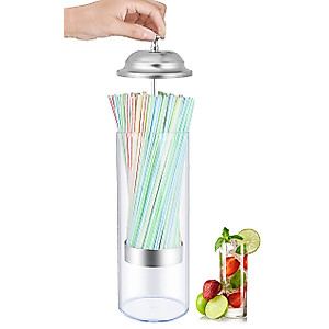 Worldity 1Pcs Plastic Straw Dispenser and 100Pcs Drinking Straw, Straw Holder with Stainless Steel Lid, Transparent Straw Dispenser for Pencils, Stir Sticks, Drinking Straw