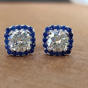 DovEggs Moissanite Stud Earrings for Women 10K White Gold Post 2ct GHI Cushion Cut Halo Created Moissanite with Blue Sapphire Push Back Earrings Sterling Silver (6X6mm Cushion-Cut)