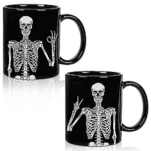Whaline 2Pcs Halloween Mug Set 12oz Skeleton Holiday Coffee Mugs Halloween Ceramic Drinking Mugs for Home School Office Table Centerpieces Housewarming Gift