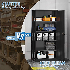 Metal Garage Cabinet,Storage Cabinet with 2 Doors and 4 Adjustable Shelves,71”Steel Lockable File Cabine,Tool Cabinets for Office,Home,Garage,Gym,School(Black) Assembly Required.