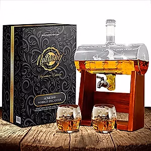 NutriChef Glass Whiskey Decanter with Glasses -1100ml Barrel Whiskey Carafe Alcohol Decanter Set, Decanter w/ Spigot, Stopper & Base, For Brandy Wine Cognac Rum Gin Scotch Bourbon - NutriChef