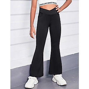 Zaclotre Girls Flare Leggings High Waisted V Crossover Casual Yoga Bell Bottoms with Pockets Pants for Kid Black