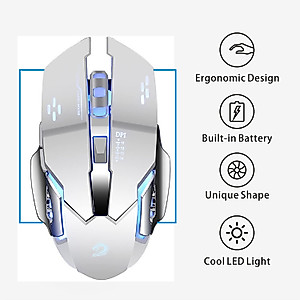 Uciefy Q85 Rechargeable Wireless Gaming Mouse, 2.4G LED Optical Silent Wireless Computer Mouse with 4 LED Light, 3 Adjustable DPI, Ergonomic Design, Auto Sleeping (Silver)