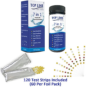 Top Line - 7 Way Pool Test Strips (120 Strips) - Hot Tub Test Strips - Spa Test Strips - Fresh & Saltwater Pool Test Strips - Test: pH, Chlorine, Cyanuric Acid, Hardness, Salt & More (Pool 7-1)