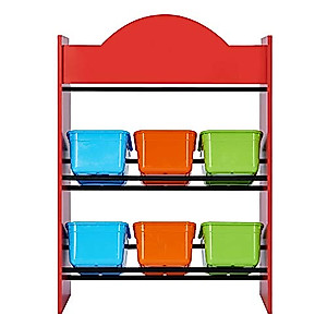 Fantasy Fields - Little Firefighters Wooden Toy Organizers with 6 Removable Storage Bins, Toy Storage Shelf, Red (TD-13211A)