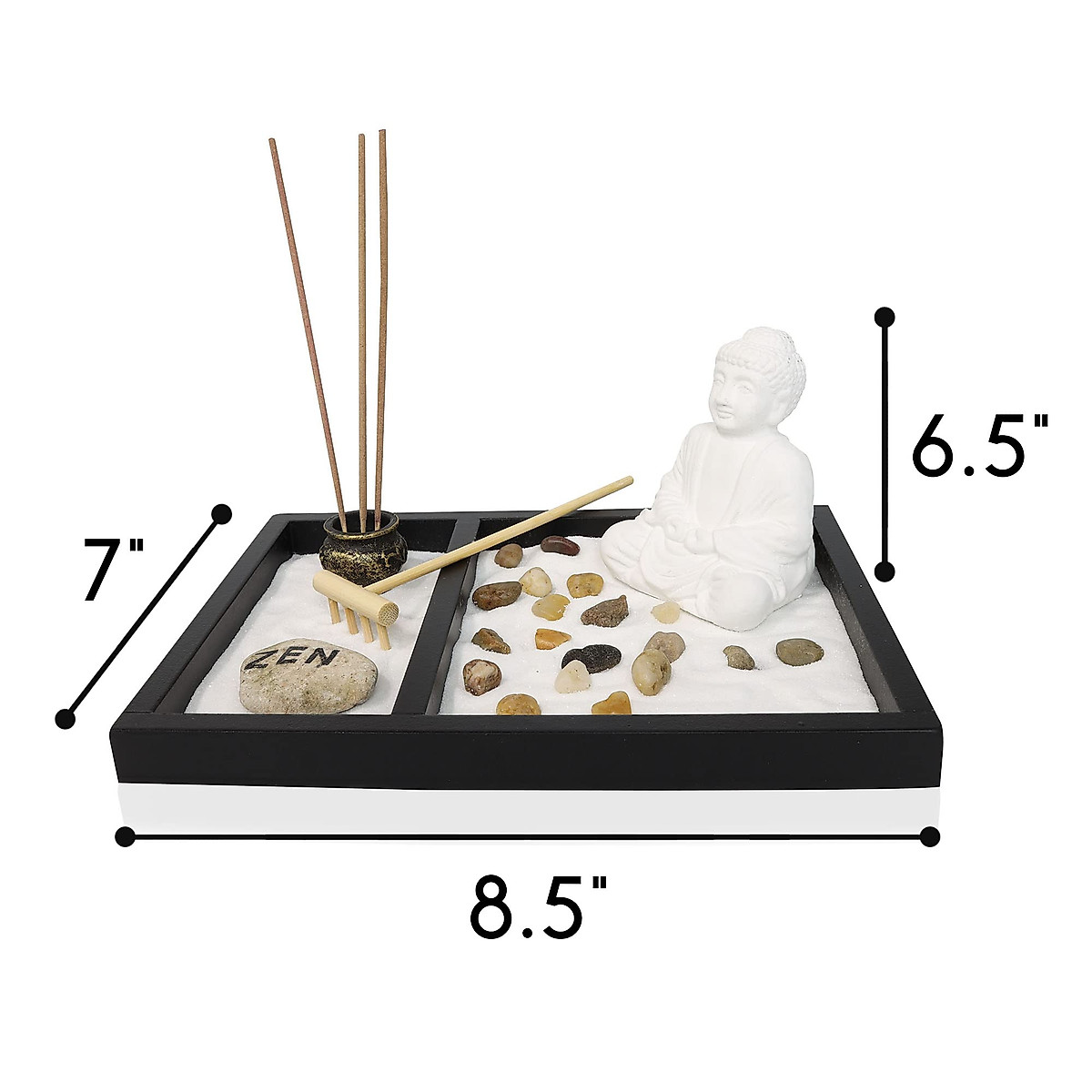 Japanese Mini Zen Garden with Incense Holder, and White Miniature Buddha Statue for Relaxation and Meditation, Perfect Home Desk Decor and Gift Set - 7" x 8.5" x 6.5"