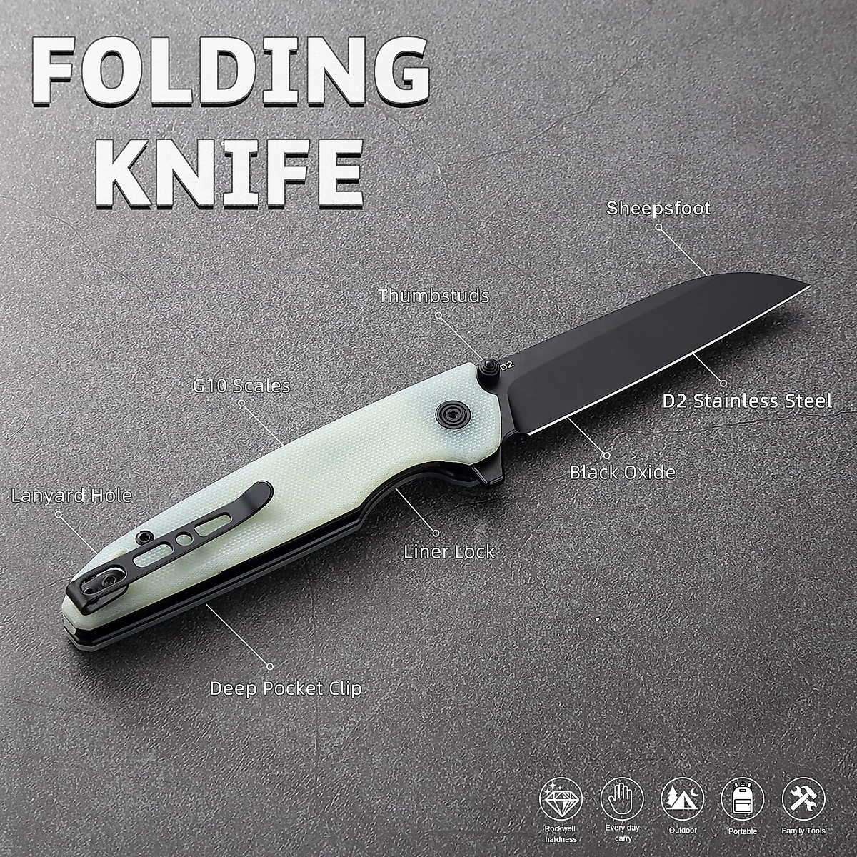 EMHTiii D2 Steel Folding Pocket Knife with Reversible Clip: 3.14" Black Sheepsfoot Blade, Liner Lock, G10 Handle, Small EDC Flipper Knives Camping Tool for Man & Women, Transparent Green