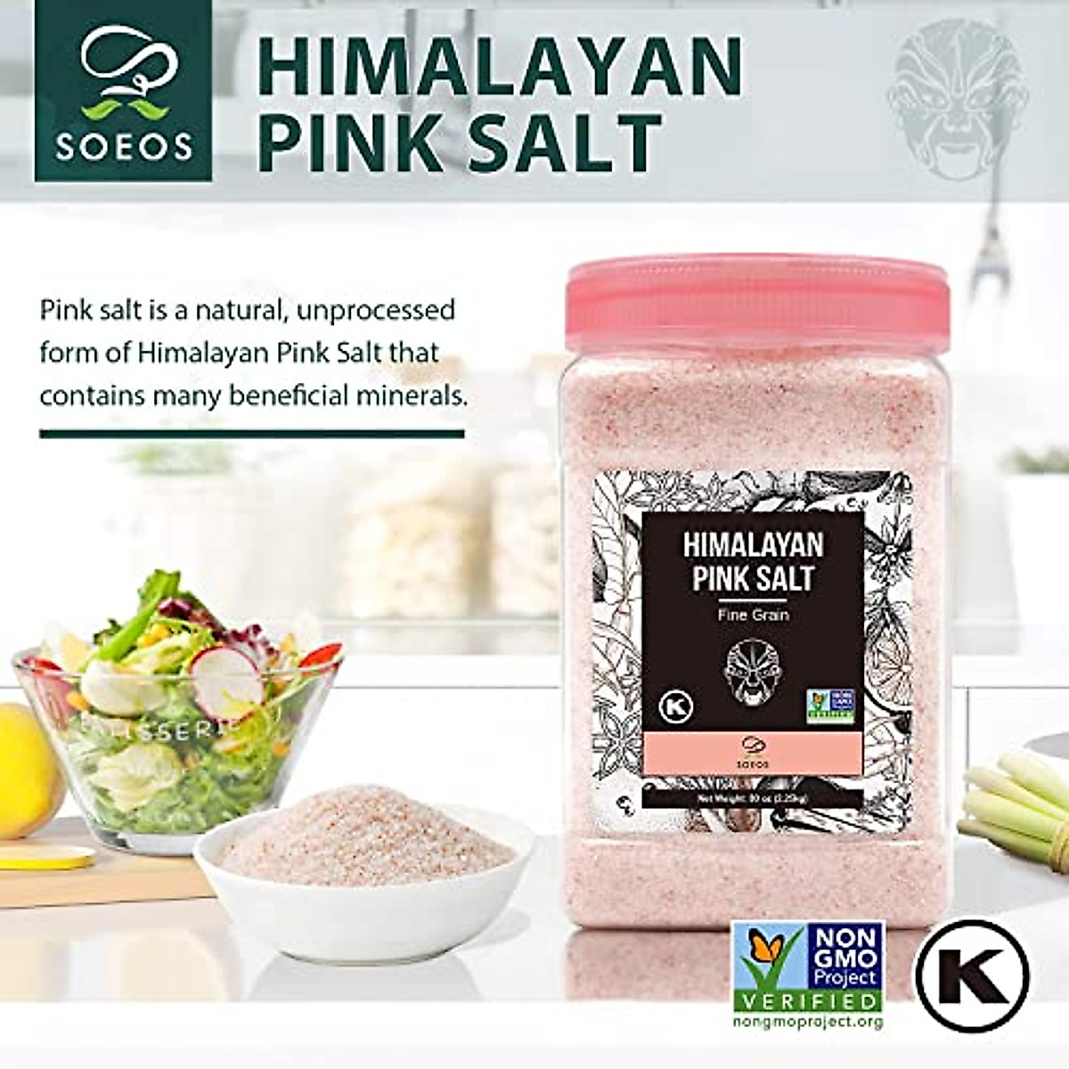 Soeos Himalayan Salt Fine Grain, 80oz (2.25kg), Non-GMO Himalayan Salt, Natural Pink Salt, Kosher Pink Sea Salt, Nutrient and Mineral Dense for Health, 5 Pound (Pack of 1)