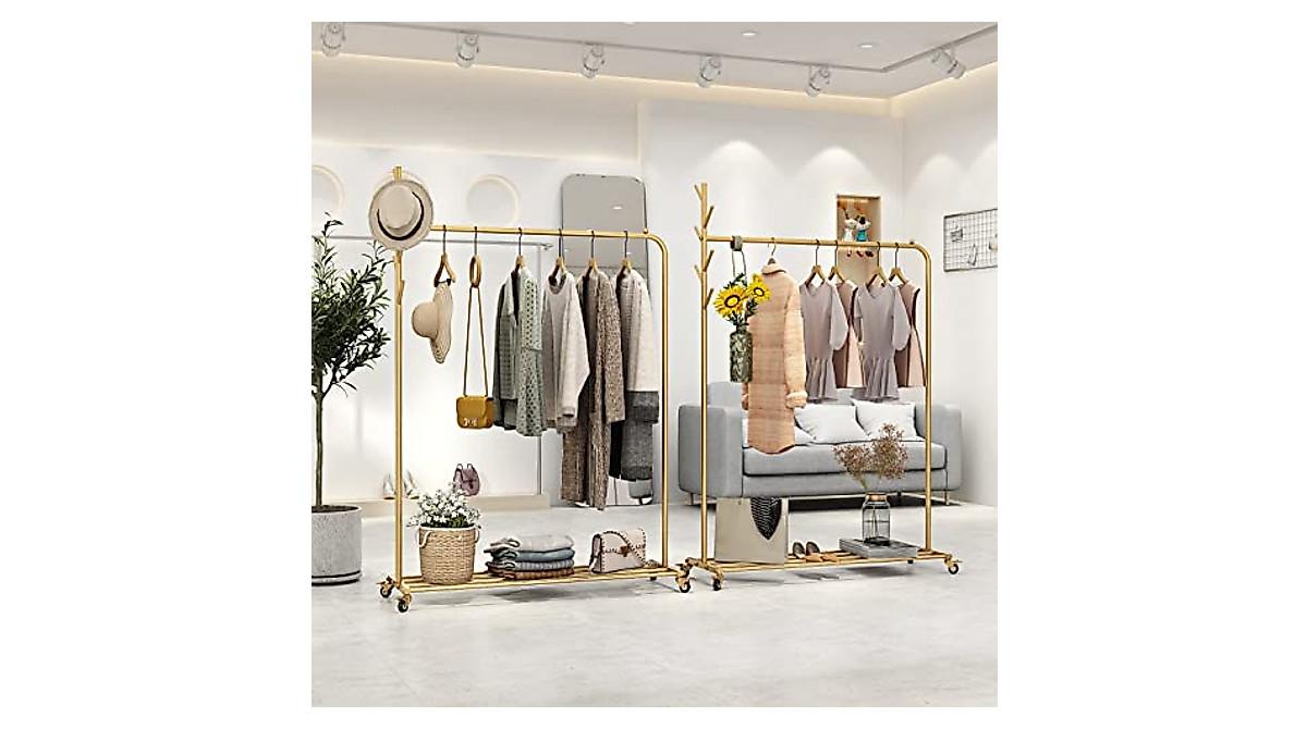 Gold Clothes Rack with Shelf - Heavy Duty Rolling Garment Rack
