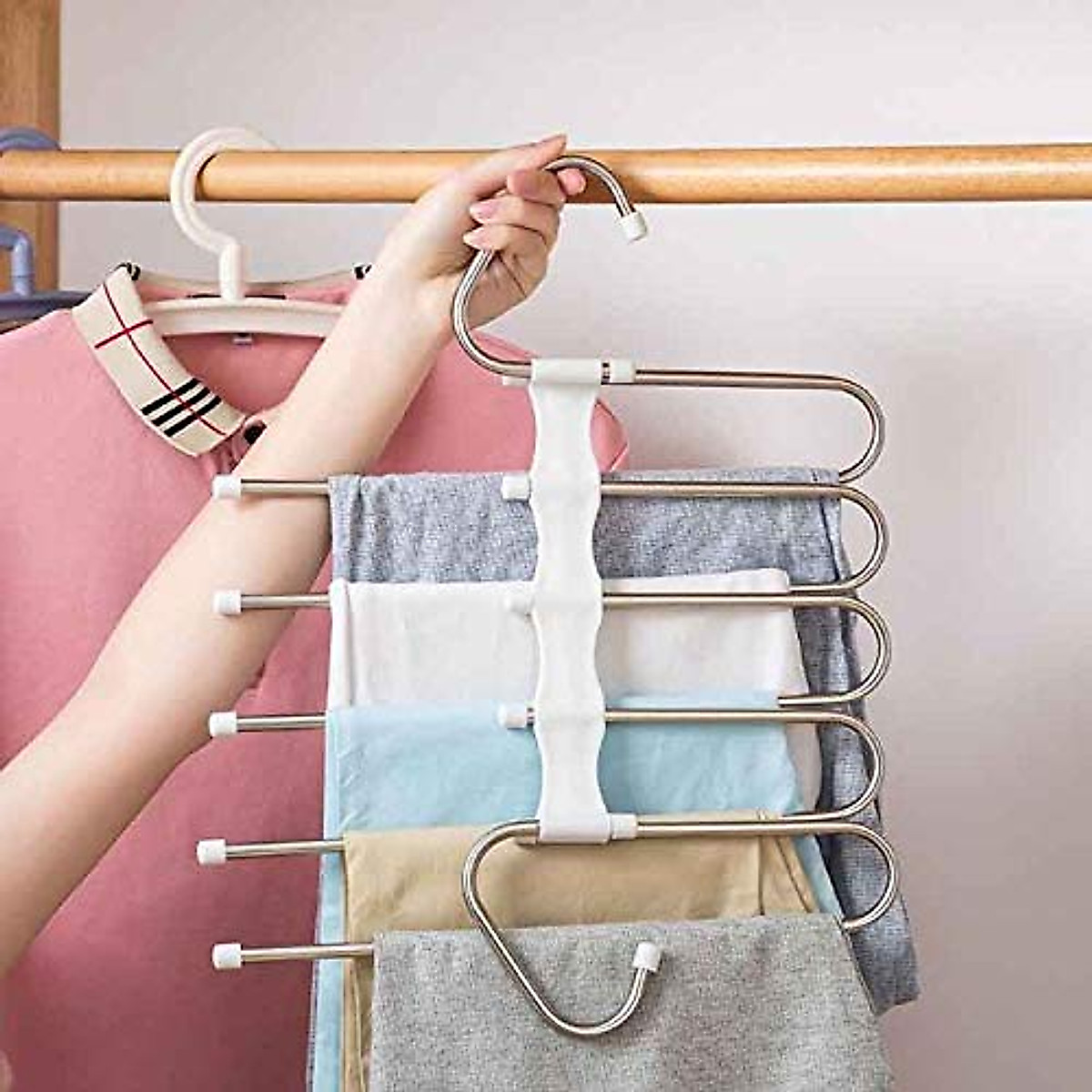MXIAOXIA 5-in-1 Pants Hanger Multifunctional Portable Stainless Steel Hanger for Clothes Trousers Coat Storage Organization Space Saving