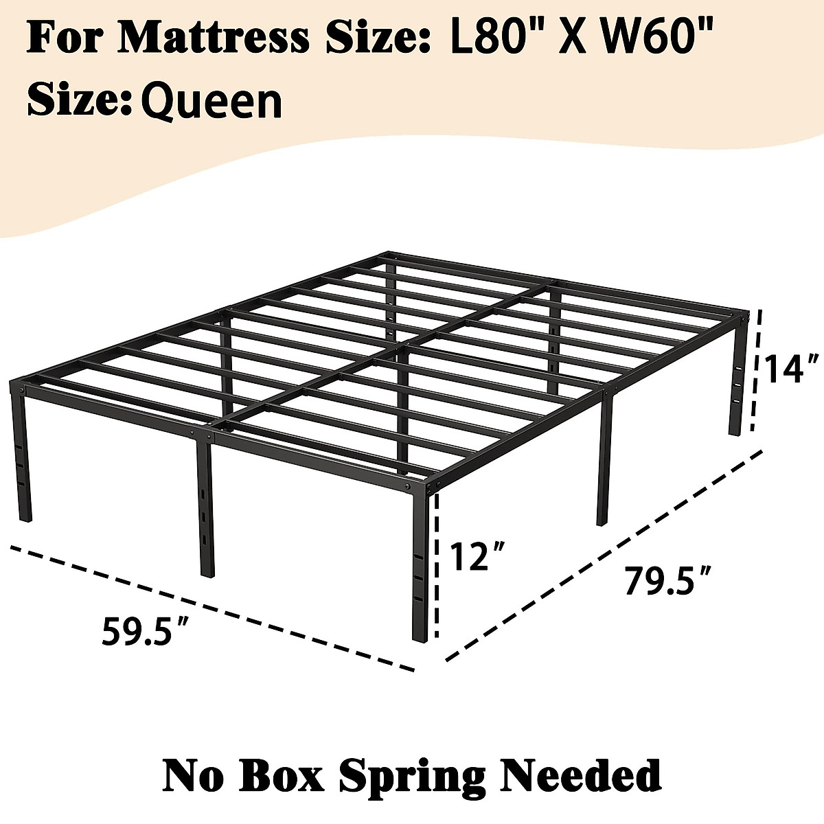 Jebosam Queen Bed Frame No Box Spring Needed 14 inch Heavy Duty Metal Platform Steel Support 2500 lbs Bed Frame Queen Size Non-Slip Noise Free Black Metal Bed Frame Queen Size